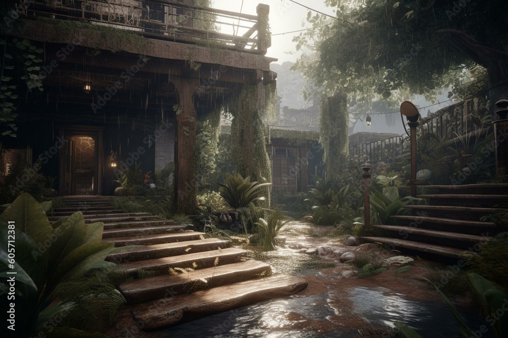 Explore a lush, intricately designed outdoor area featuring an ...