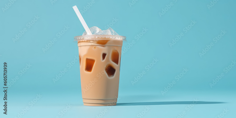 Ice buble or boba milk tea in plastic cup with white straw on flat blue ...