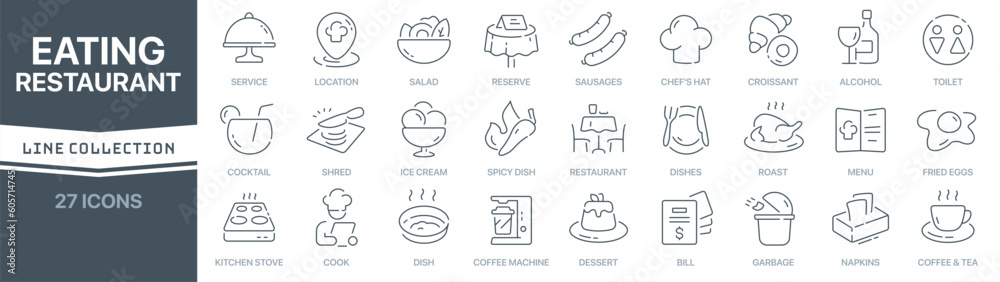 Eating and restaurant linear signed icon collection. Signed thin line ...