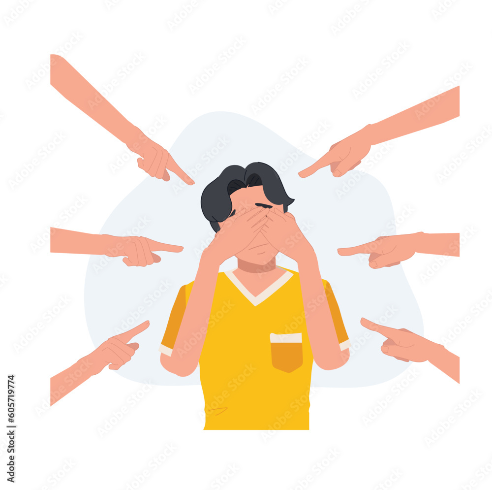 abuse or bullying concept. hands pointing and blaming at depressed man ...