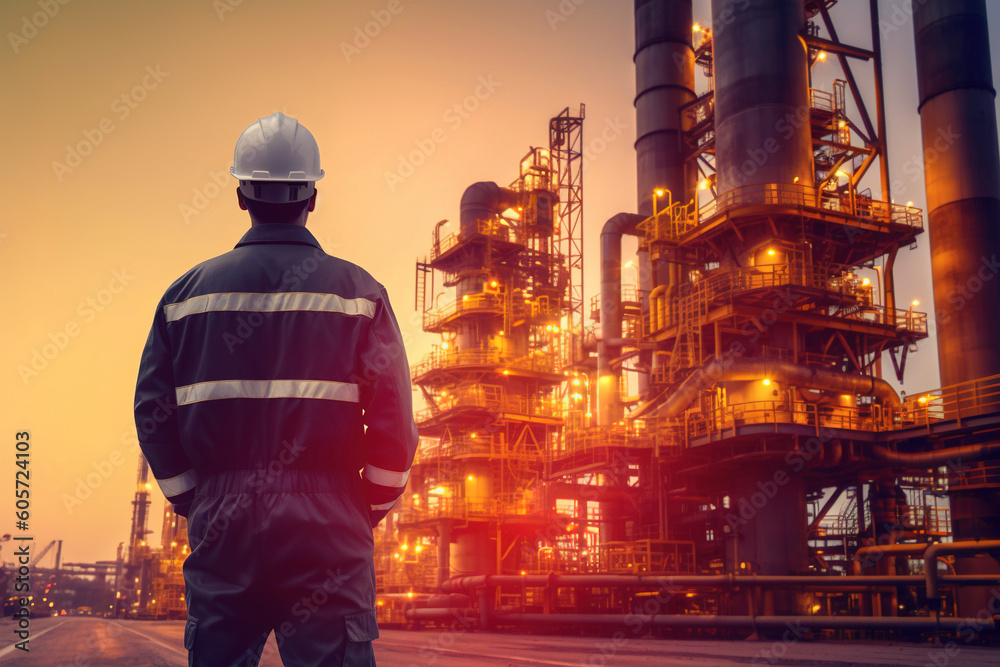 Oil field supervisor engineer in safety equipment looking at oil rig ...