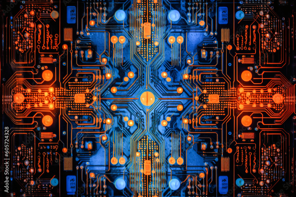 Generative AI image of top view of circuit board with blue and orange ...