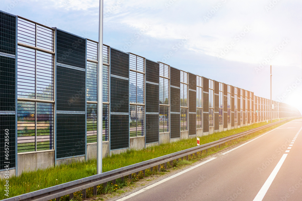 Asphalt Road Autobahn with Soundproofing wall of modern Highway. Sound ...