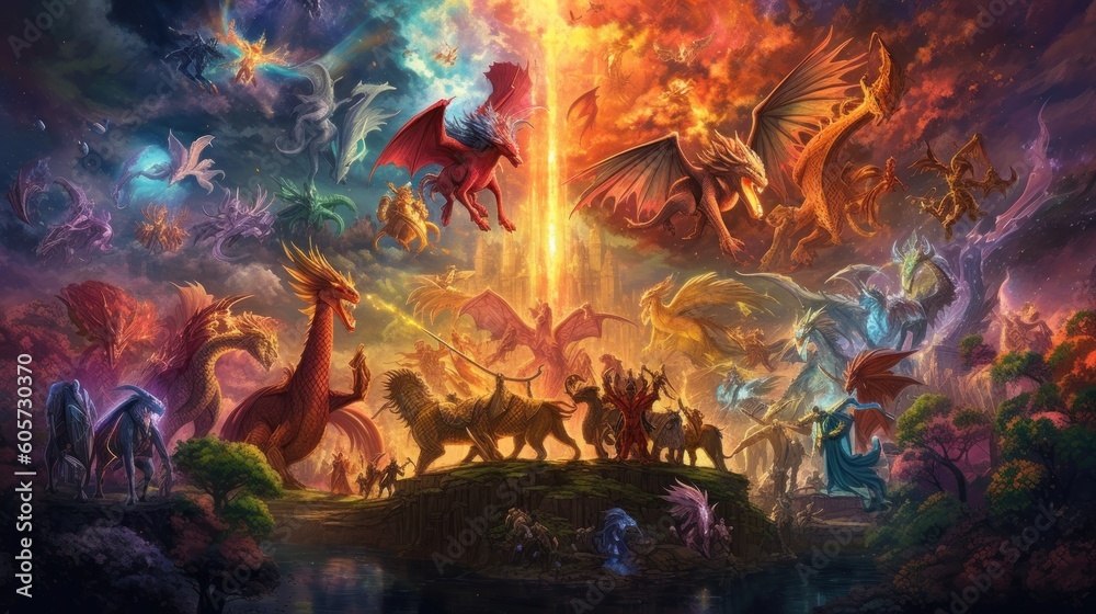 Artwork showcasing a diverse array of legendary creatures from folklore ...