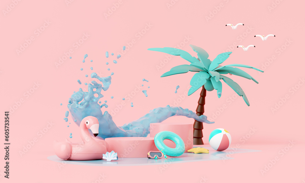 3D Render Summer pink vacation beach with Flamingo inflatable ring ...