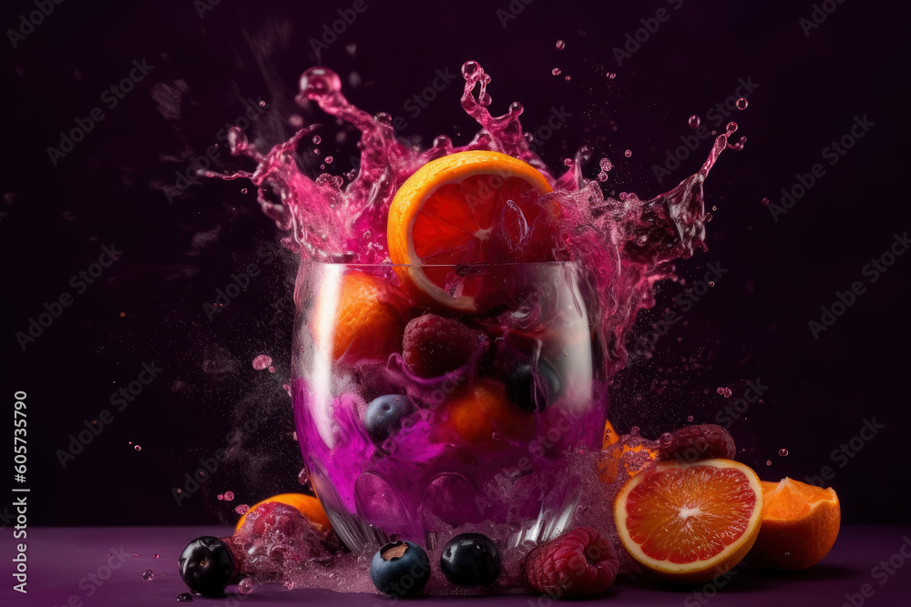 Refreshment fruit cocktail with orange, blueberry, raspberry and lemon ...
