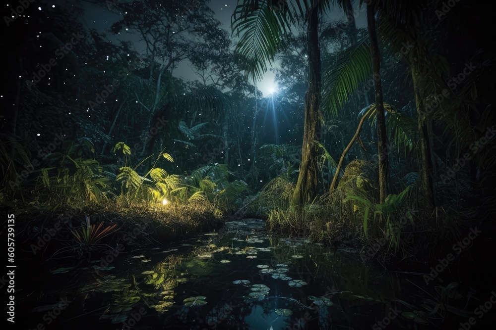 nocturnal jungle, with fireflies and stars shining above, created with ...