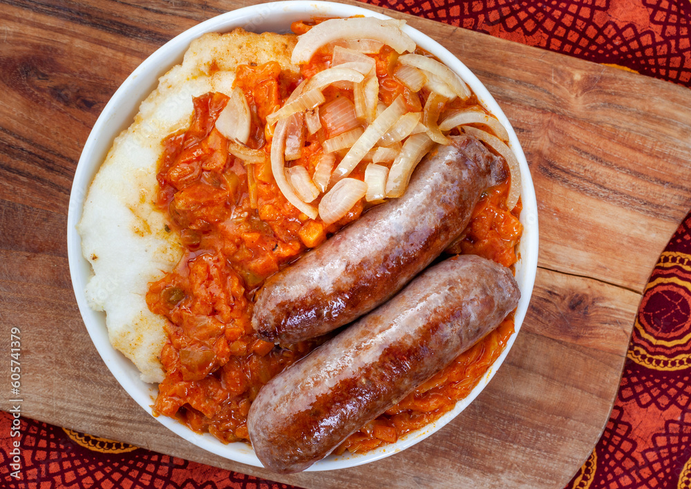Traditional South African Pap and Wors, sausage with popular maize meal ...