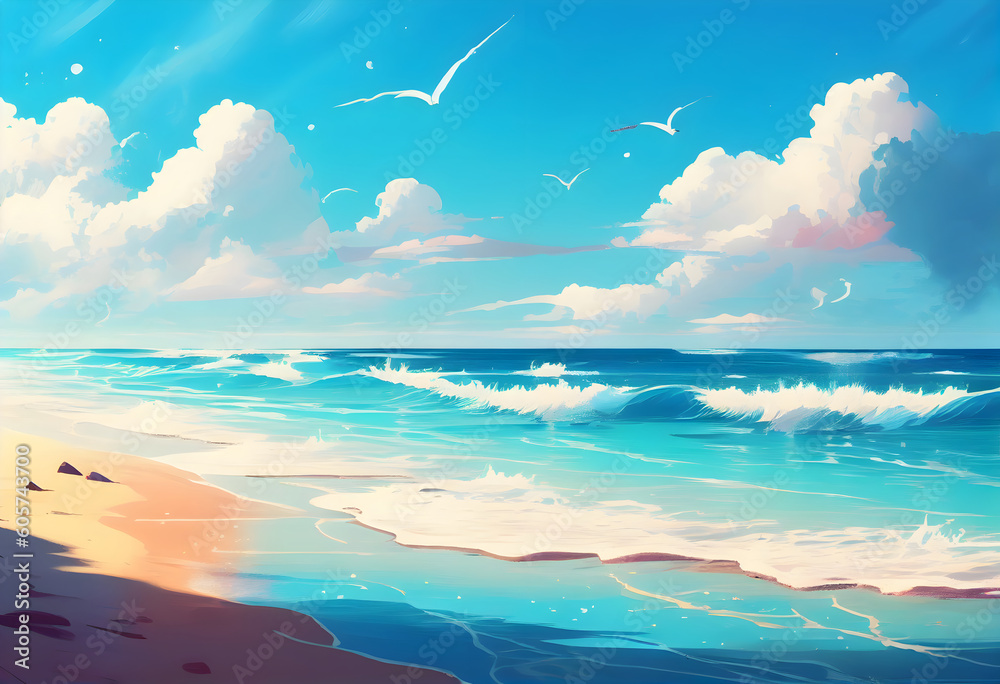 Cartoon beach landscape. Summer ocean sandy seashore, vacation tropical ...