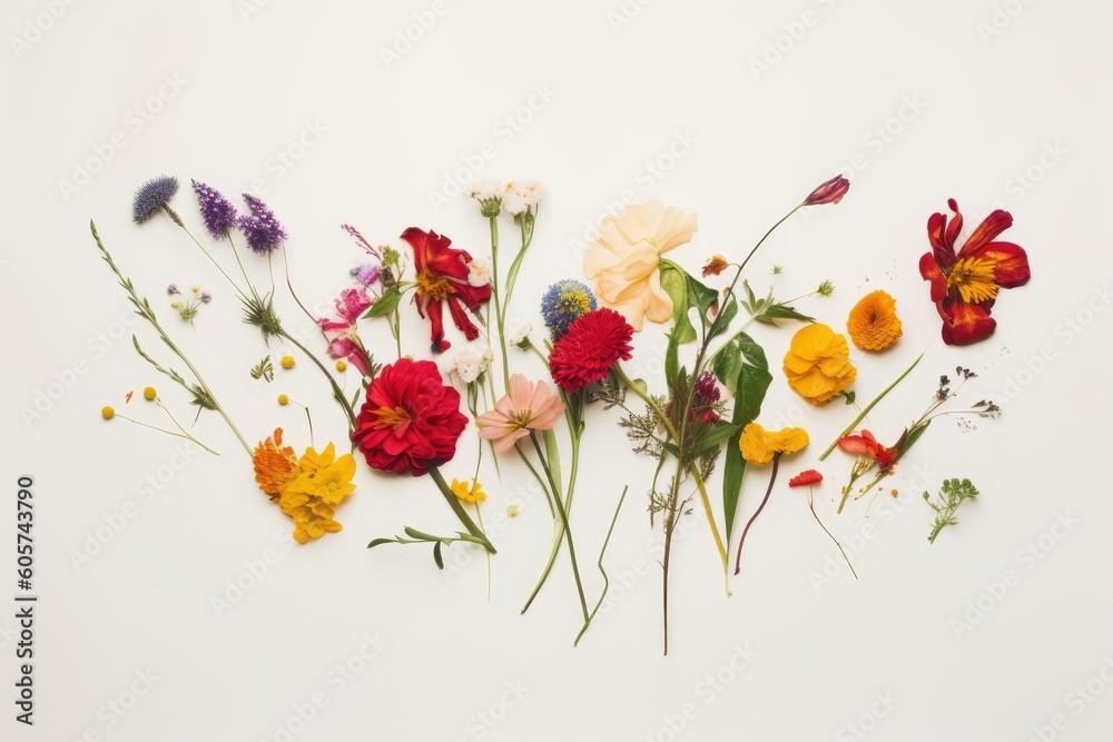 minimalist artwork portraying a deconstructed bouquet of flowers, with ...