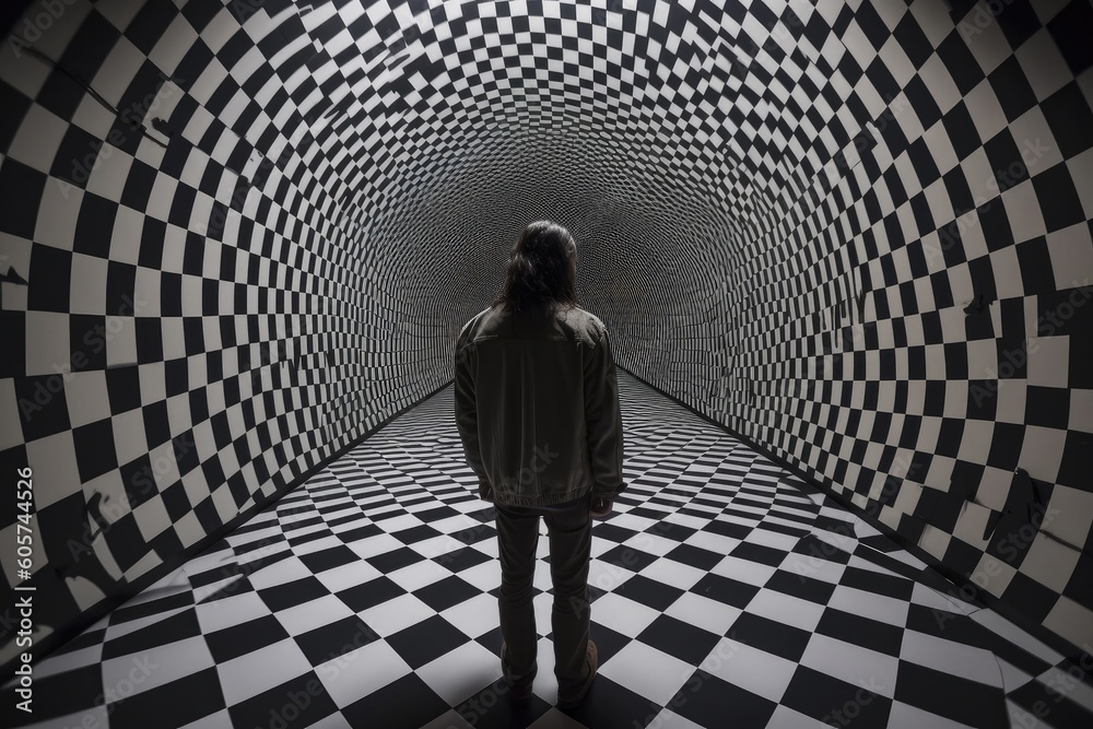 person, surrounded by optical illusions and mind-bending visuals ...