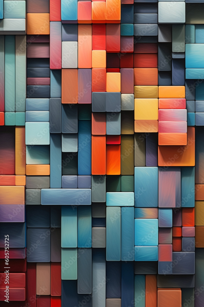 An abstract painting featuring a grid of intersecting geometric shapes ...