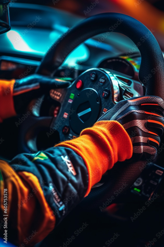 A close-up photograph of a driver's hands gripping the steering wheel ...