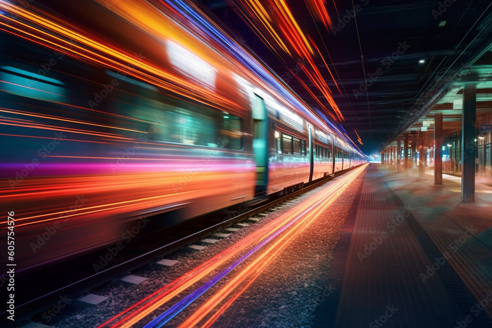 A time-lapse photograph capturing the movement of a train at night ...