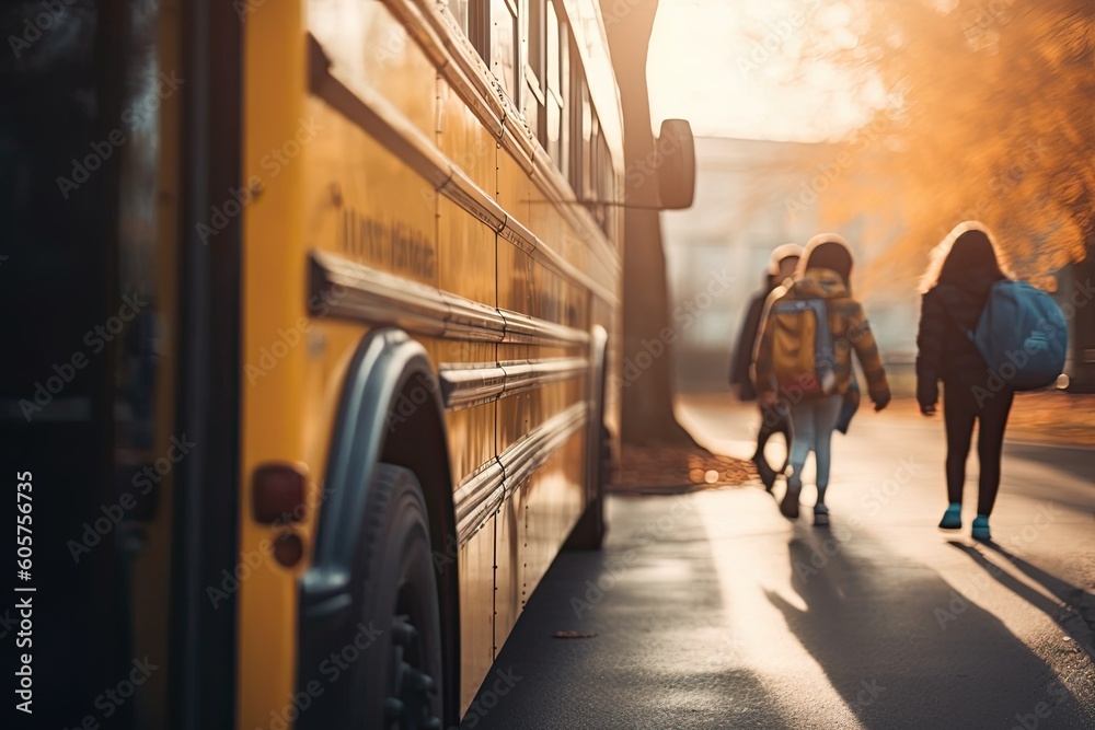Children get off the school bus and go to school. Generative AI Stock ...