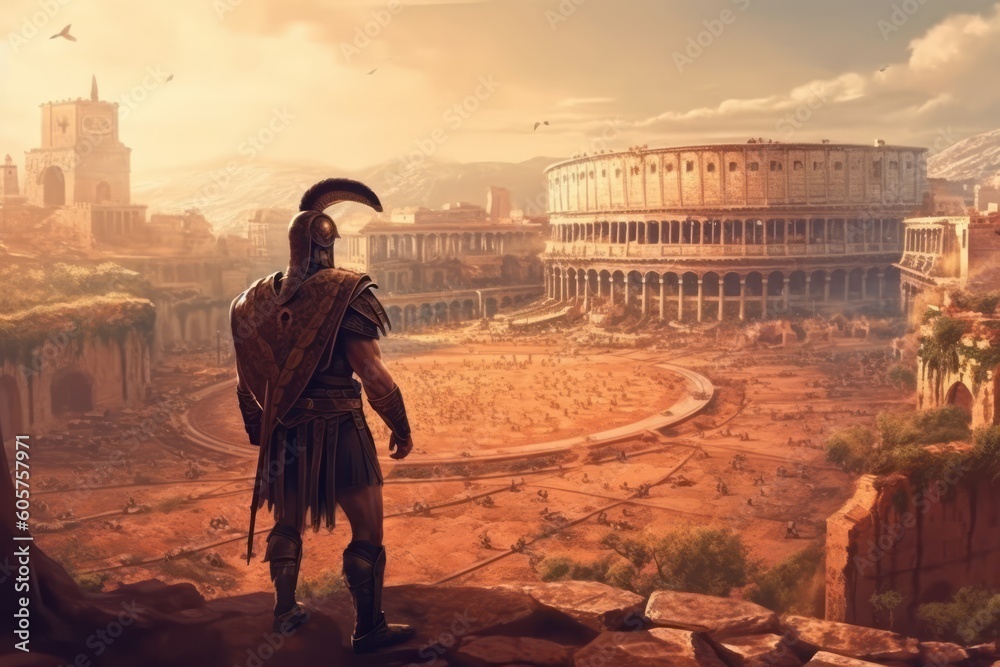 Armoured Roman SPQR Gladiator overlooking the amphitheater of ancient ...
