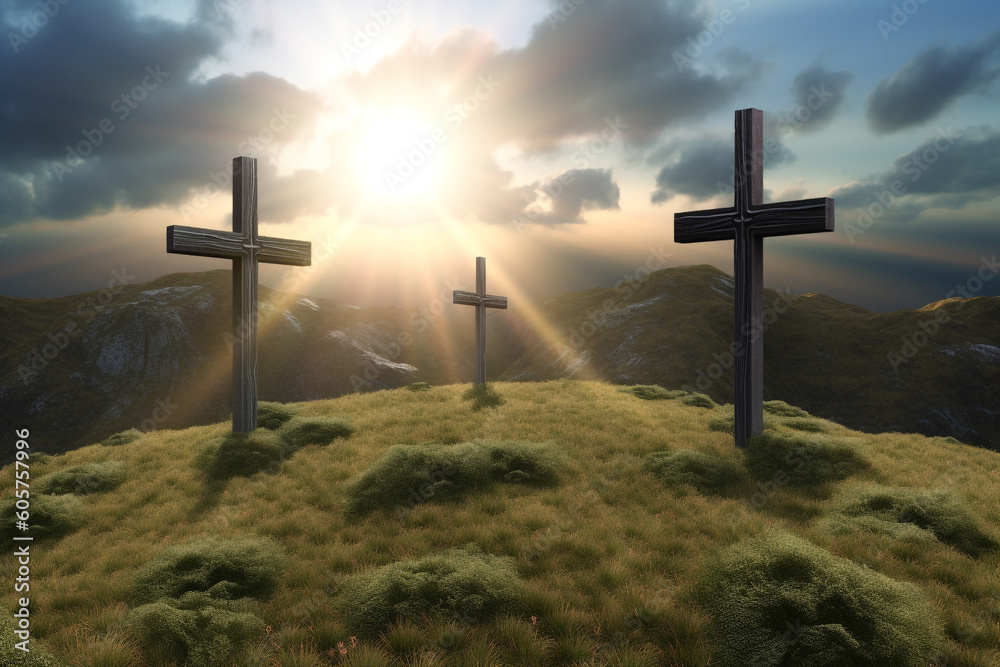 Culture and religious concept. Three crosses on green hill in sunset ...