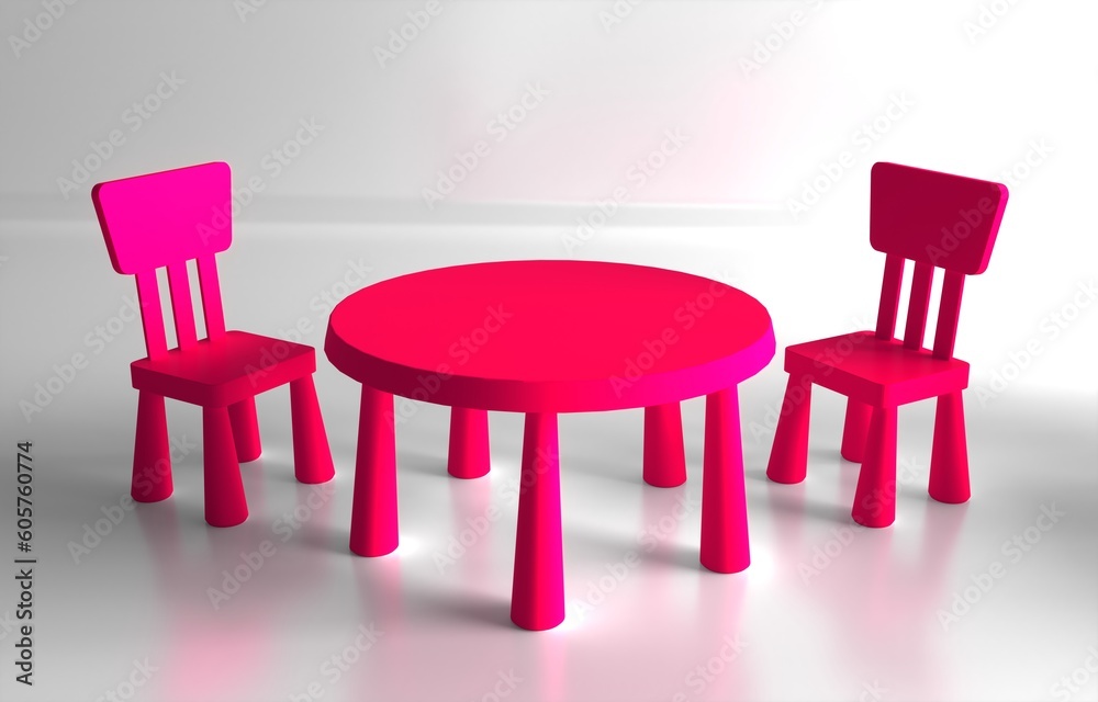 Pink plastic set for children to sit and play in the kindergarten or to ...