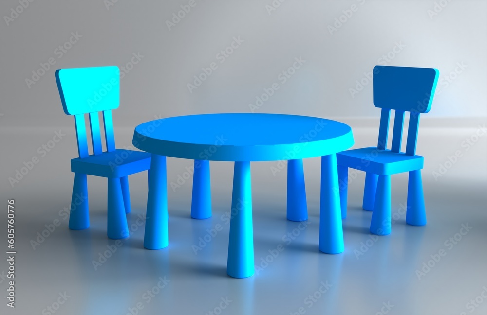 Blue plastic set for children to sit and play in the kindergarten or to ...