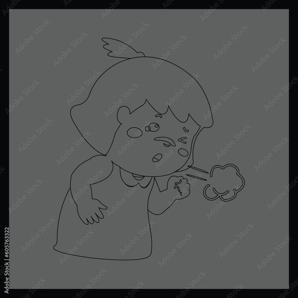 Little girl coughing vector cartoon outline illustration. Stock Vector ...