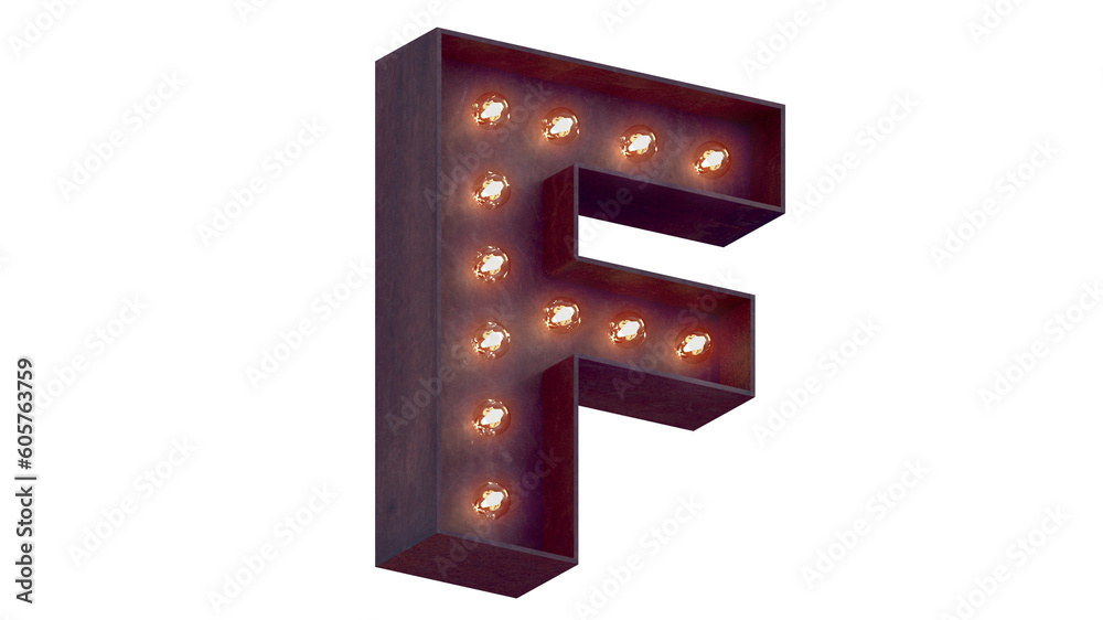 Light bulb glowing letter alphabet character F font. Perspective view ...