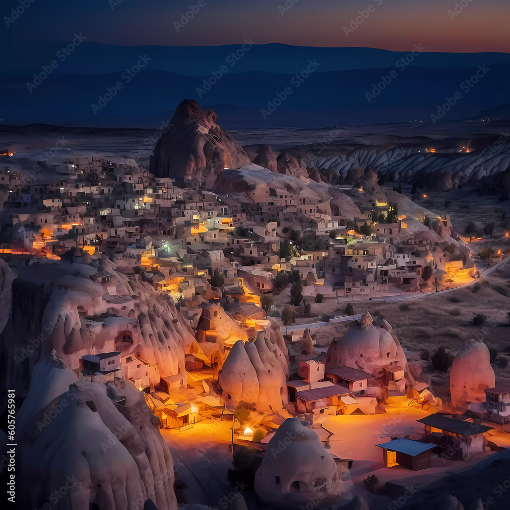 Cappadocia. Night city. Balloon. Stone houses. Wallpaper. Generative AI ...