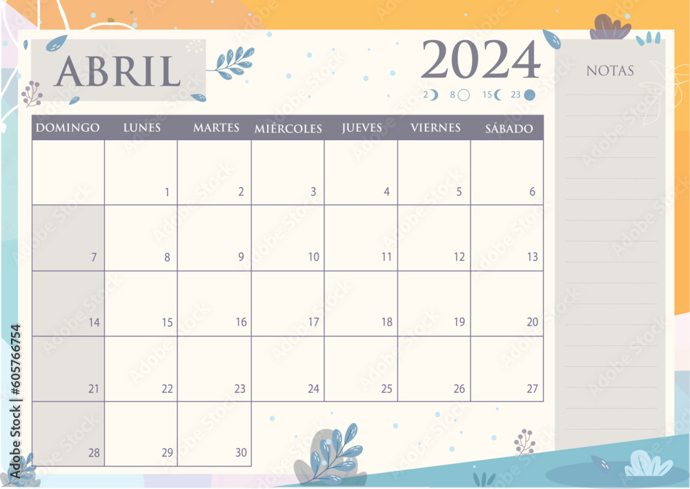 Calendario Planificador 2024 en Español - Mes de Abril Stock Vector ...