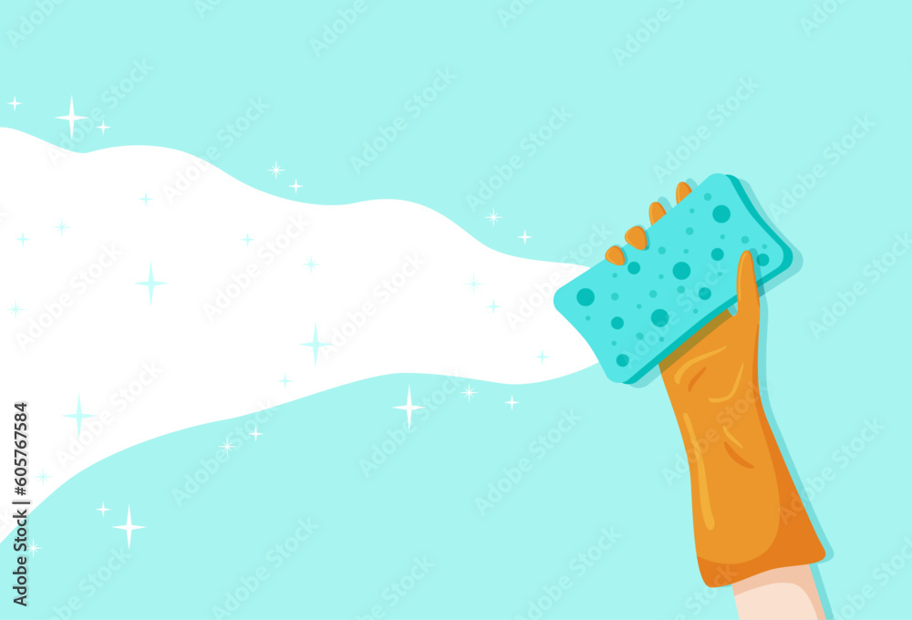 Flat hand cleans smooth surface with sponge on blue background. Orange ...