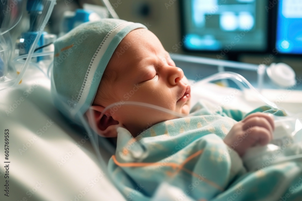 Sleeping newborn baby boy in hospital ward. Healthcare and medical ...