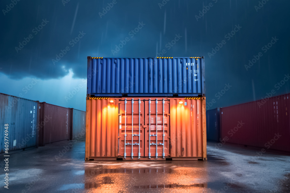 a solitary container bathed in the glow of spotlight, raindrops adding ...