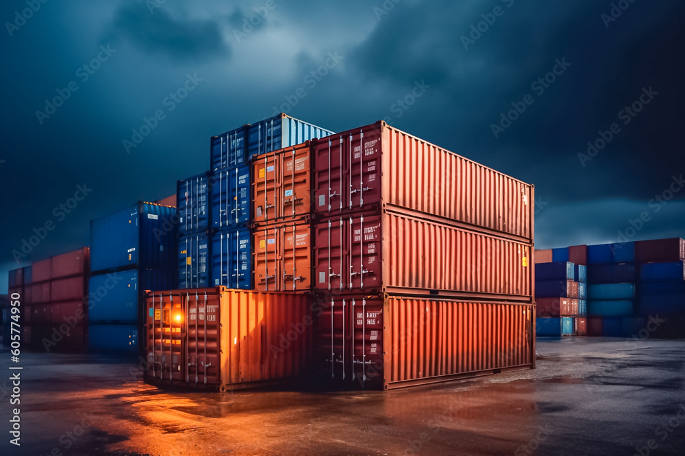 a solitary container bathed in the glow of spotlight, raindrops adding ...