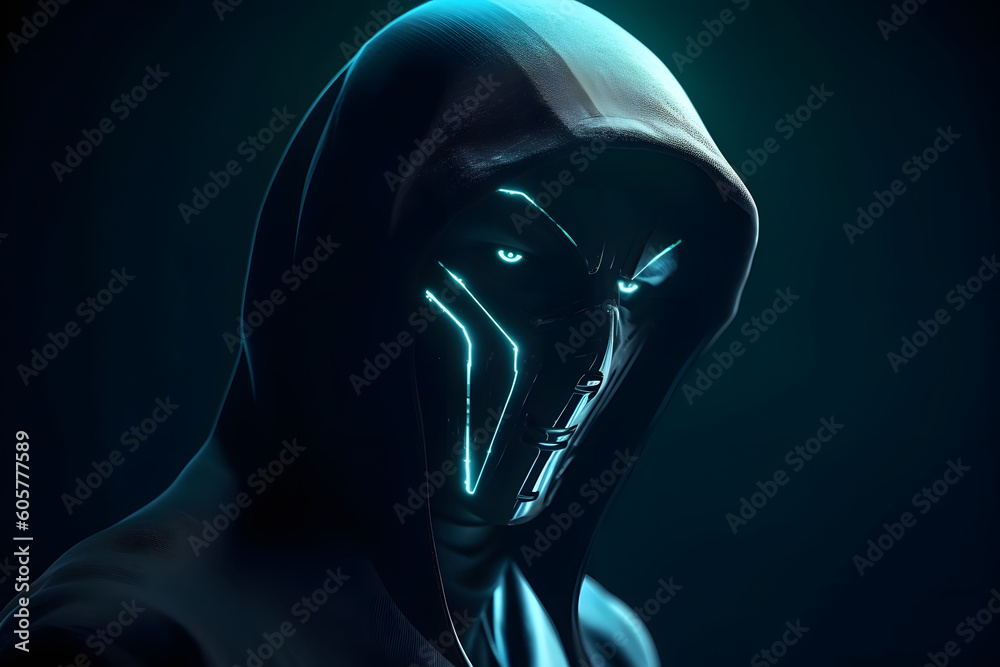 An anonymous cyborg hacker. Futuristic, cyberpunk style, concept of hacking cybersecurity ...