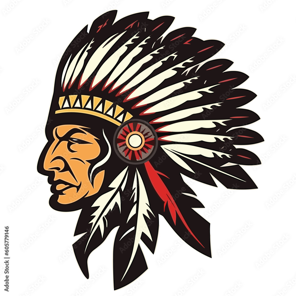 Indian Chief Colored Illustration Sticker For Coloring Page And Logo ...
