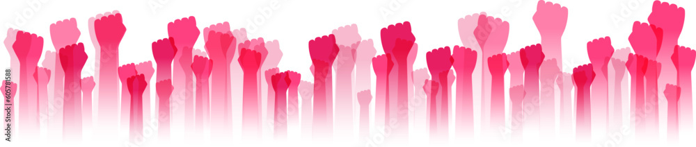 Hands up silhouettes, horizontal border. Decoration element from pink ...