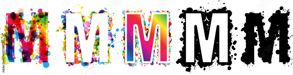 M letters with rainbow and black paint splash decorative elements ...