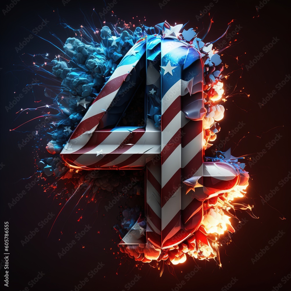 Concept art of Number 4 made from of american flag, paint splashes ...