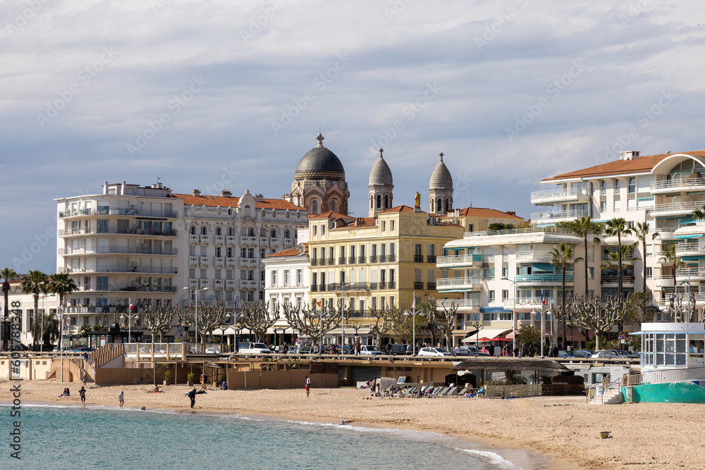 Saint Raphael across the beach and promenade towards the Basilique ...