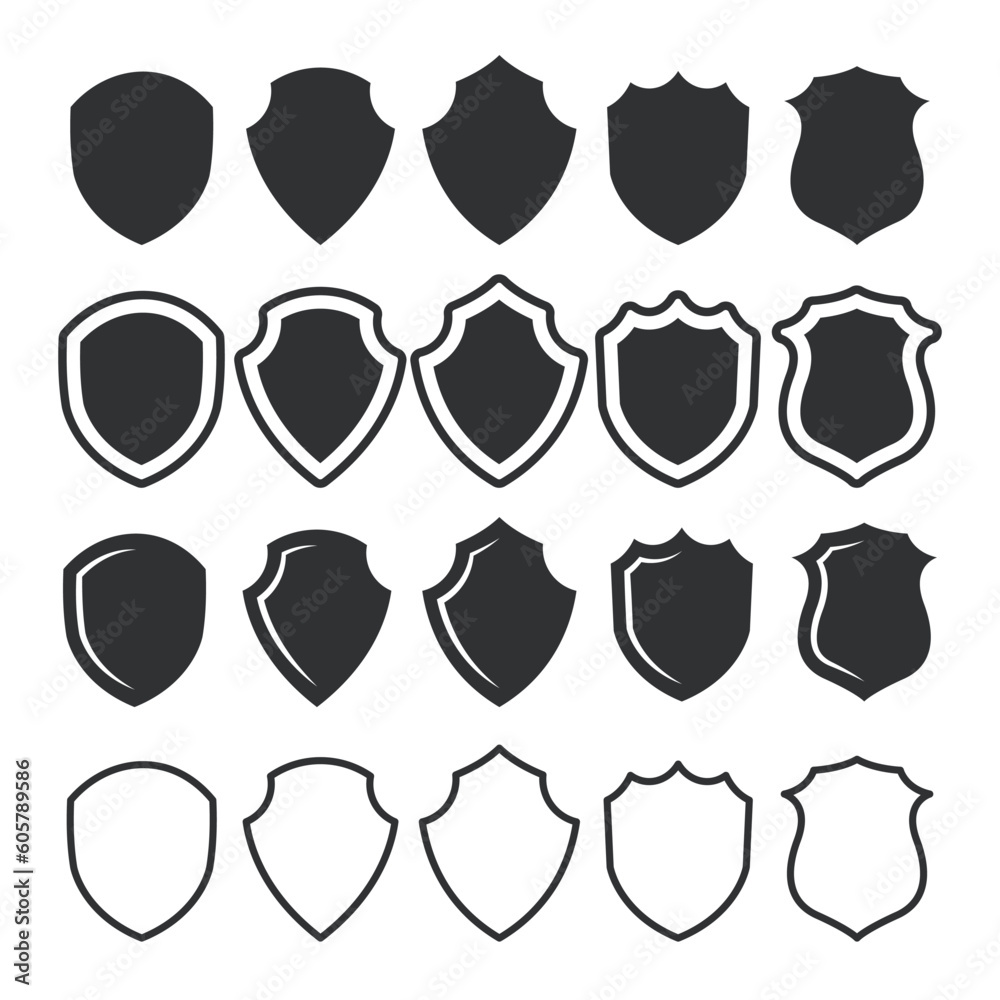 Shield icon set in vintage style. Protect shield security line icons ...