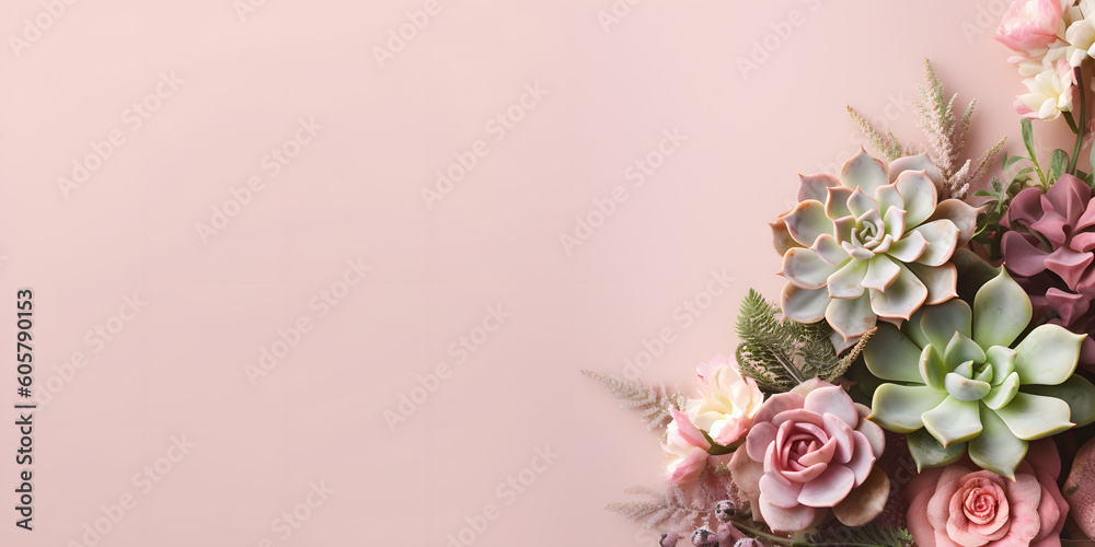 succulents banner or header with different plants on a soft blush, pink ...