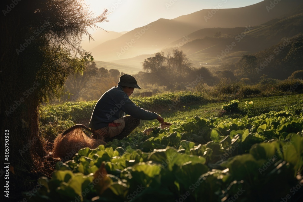 World Environment Day. A farmer working in a green organic farm. AI ...