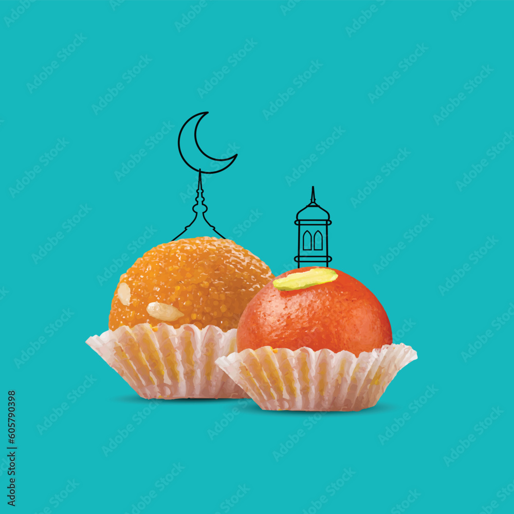 Eid Mubarak and Ramadan creative concept design. Indian Sweet Motichoor ...