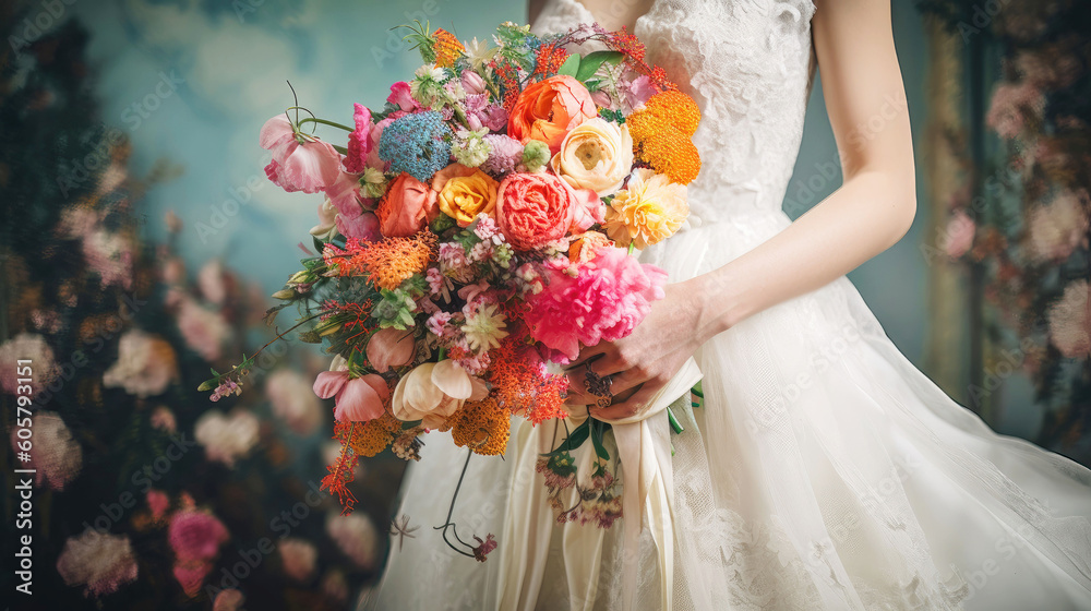 Bride holding colorful wedding flower bouquet (Generative AI) Stock ...
