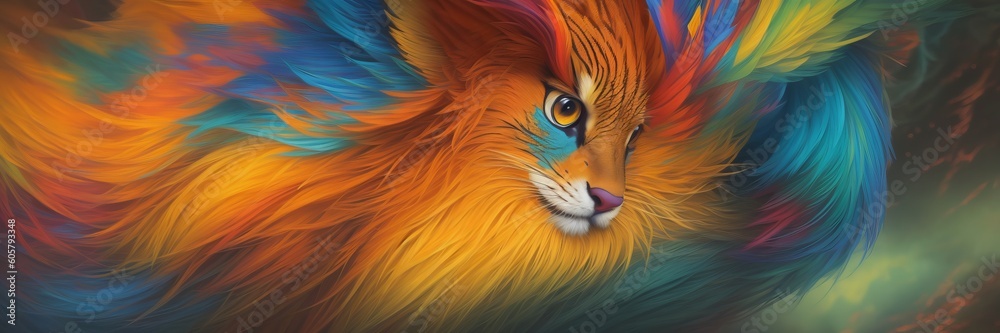 Fluffy red fox lynx cat vulpes curled up, looking from colorful fantasy ...