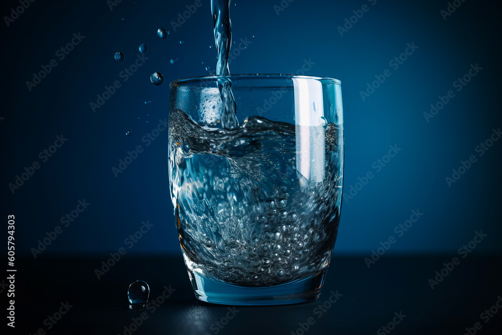 Water pouring into glass cup. Clear liquid splashing into glass ...