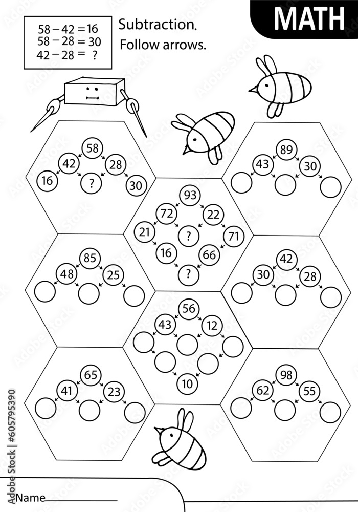 Math learning game. Counting with subtraction. Count and write the ...