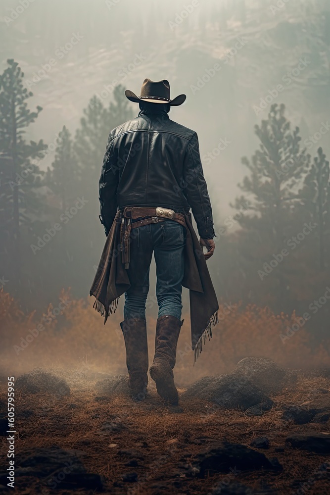 old west cowboy walking away. full view. rear view. boots and jeans ...