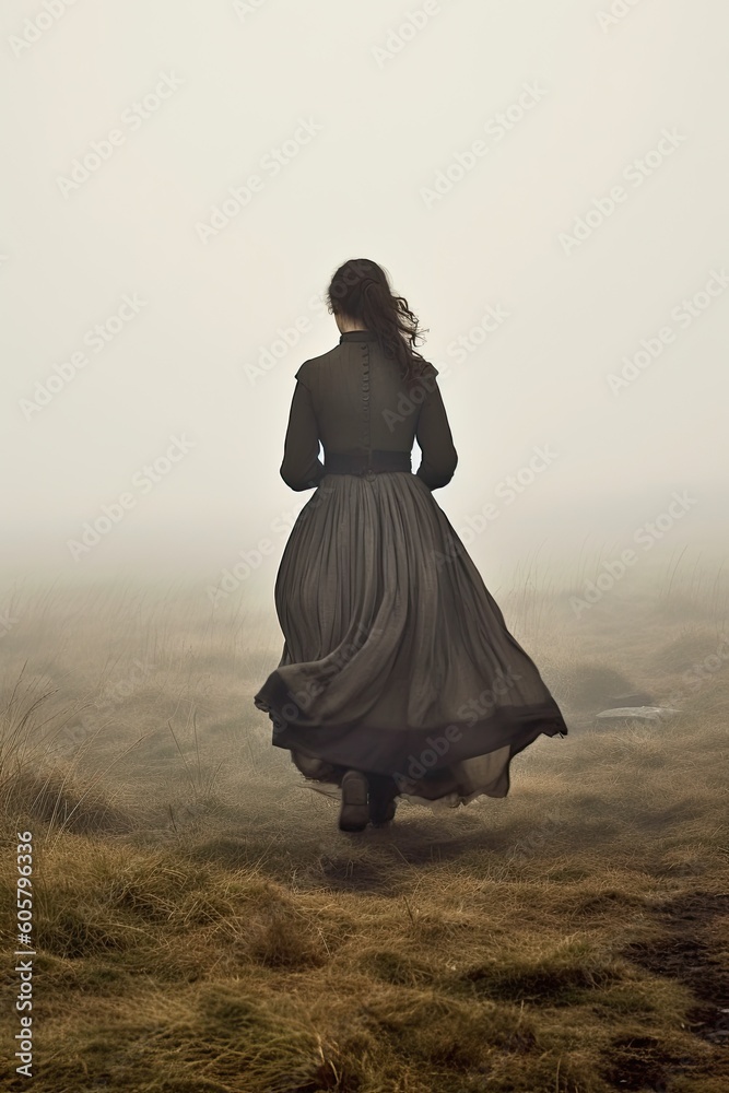 young woman with long black hair blowing in the wind. wearing a black ...