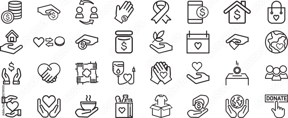 Line icons about charity and donation on transparent background. NGO ...