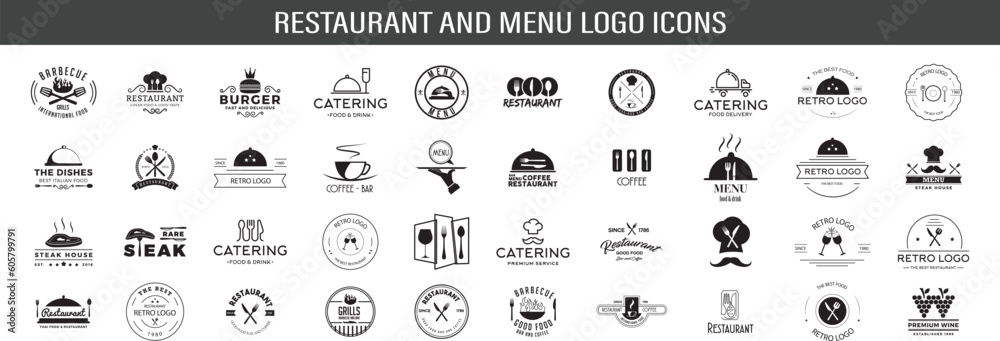 Vetor de Logotype menu. Set in flat style. Food vintage design elements ...