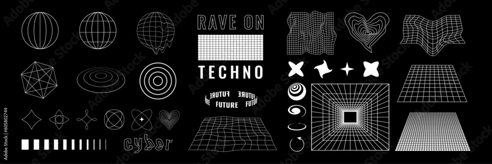 Vector illustration of rave and futuristic set. Geometric shapes ...